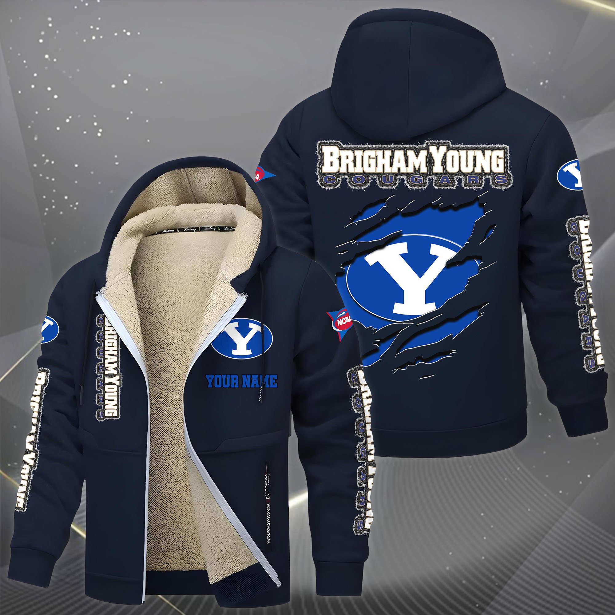 BYU Cougars Hoodie Zip Velvet Coat Custom Your Name, Sport Jacket ...